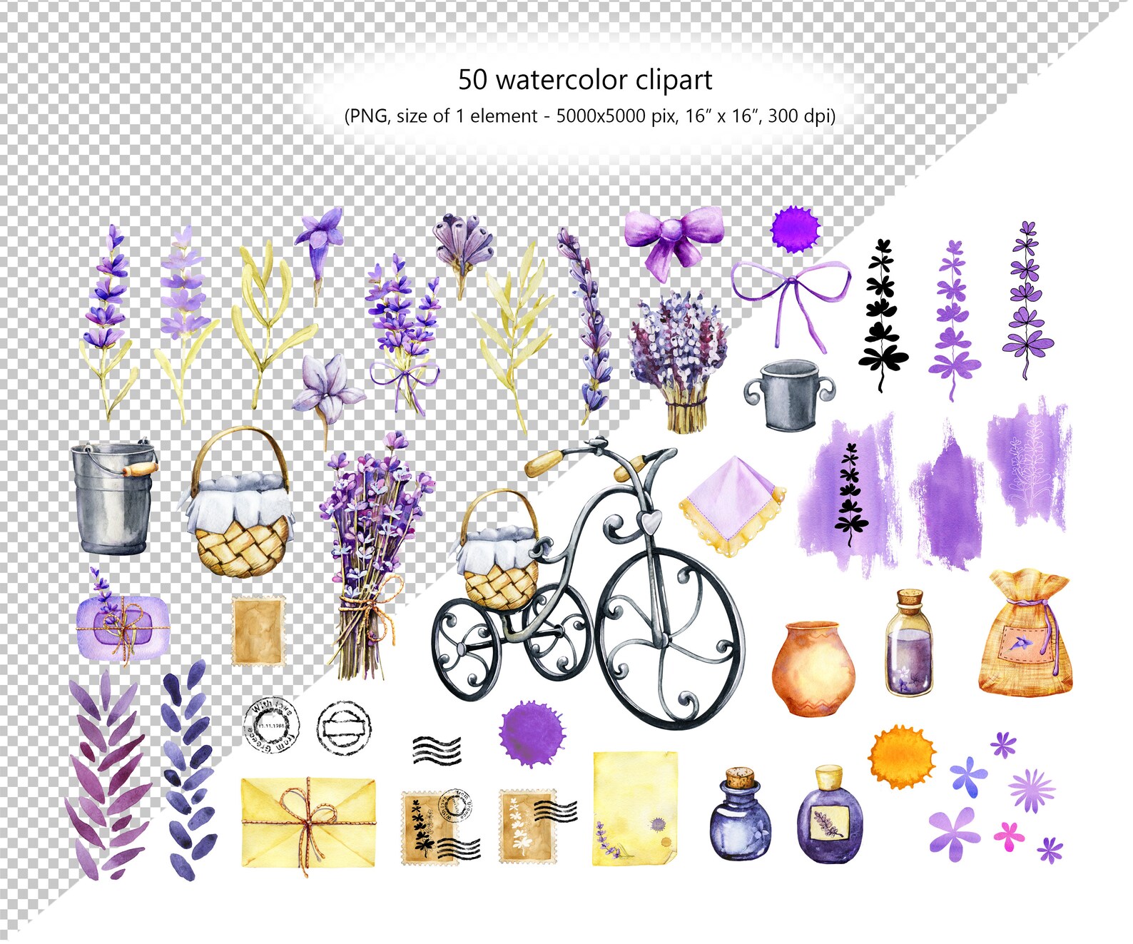 Provence Lavender Clipart Watercolor Purple Flowers Vintage - Etsy