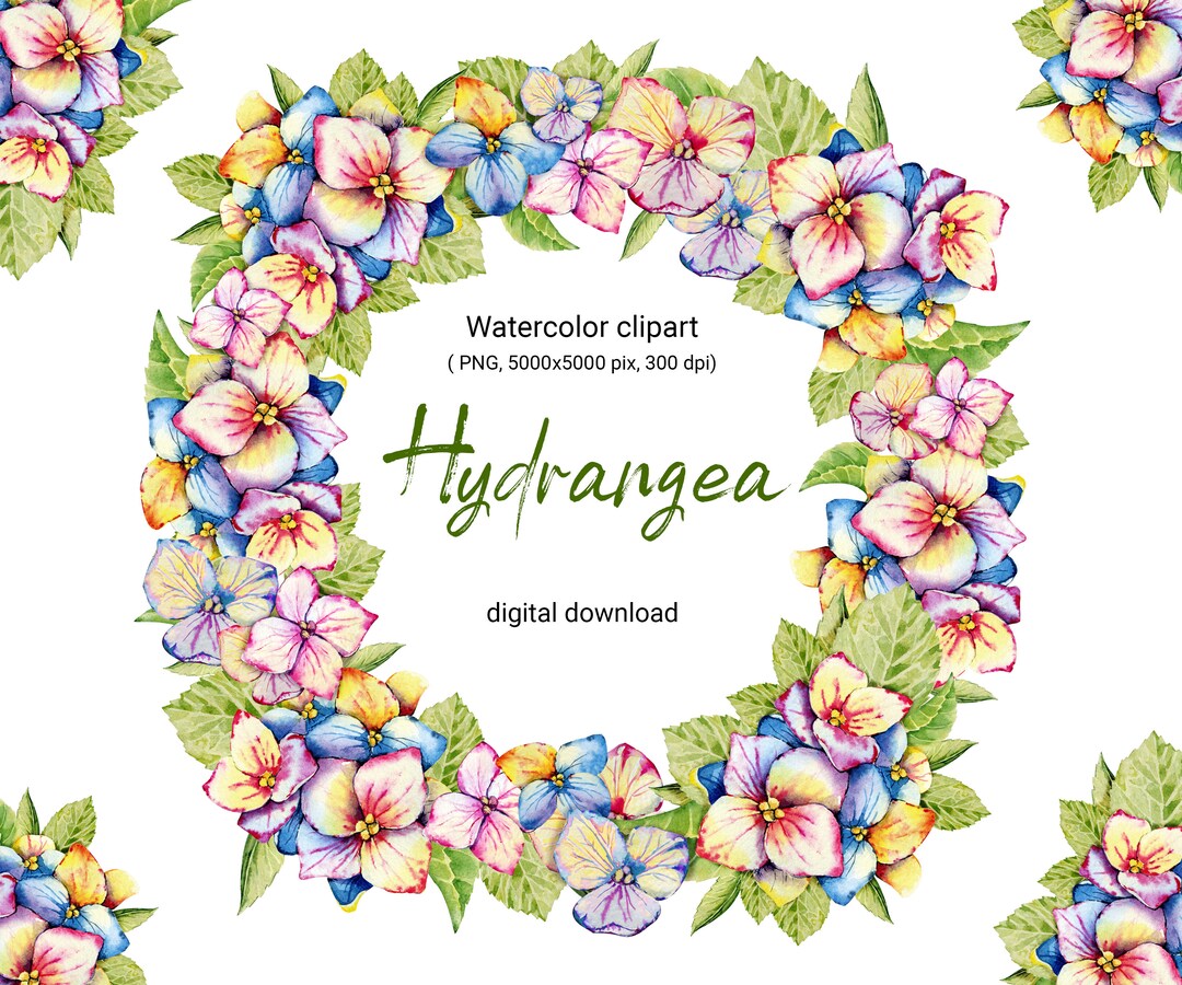 Watercolor Hydrangea Wreath Clipart, Flowers Clip Art, Summer Frames ...