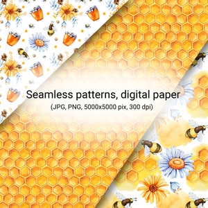 Honey Bee Digital Paper, Set Seamless Patterns Meadow Grasses and ...