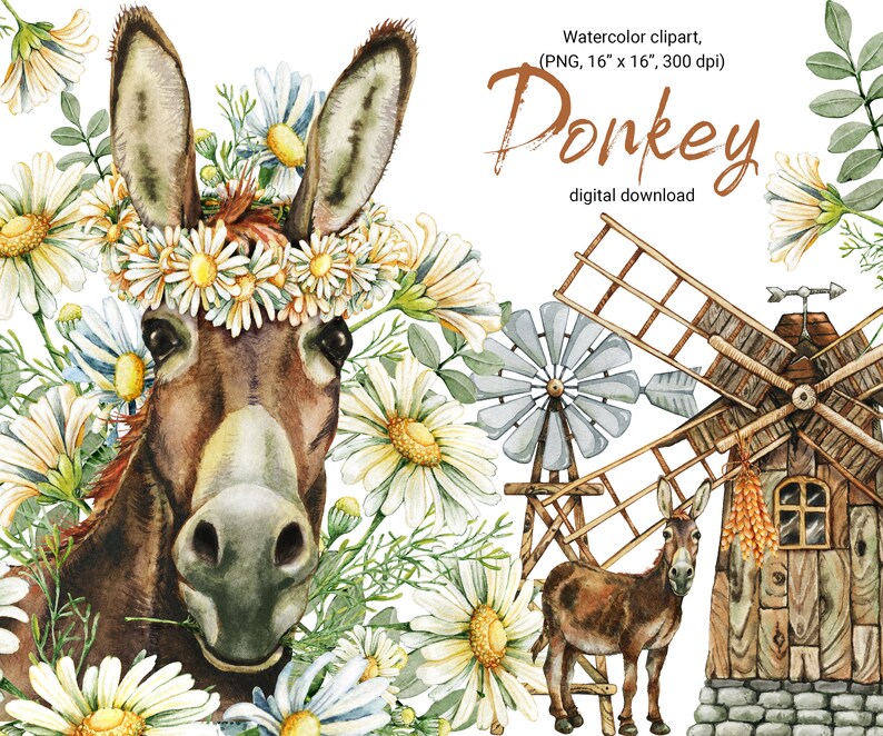 Donkey and Windmill Clipart Watercolor Sublimation Wind Pump - Etsy