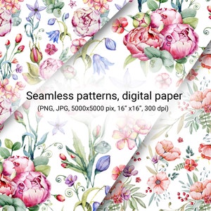 Watercolor Wildflowers Digital Paper, Summer Floral Seamless Pattern ...