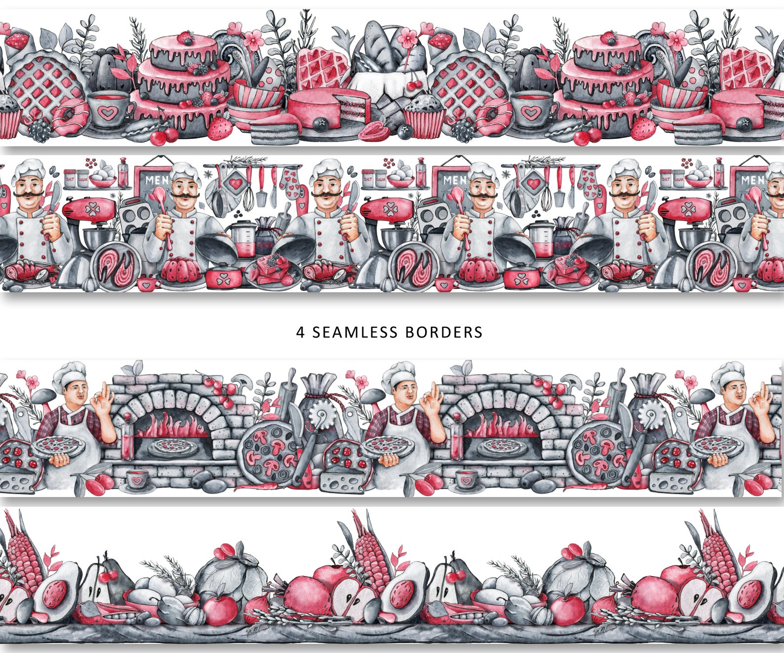 Chef Cook, Baker, Culinary Chef, Seamless Digital Paper Set, Kitchen ...