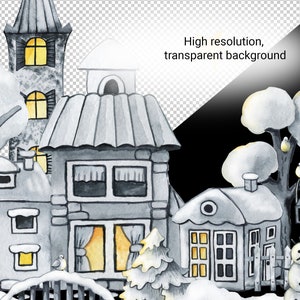 Winter Christmas House Clipart, Scandinavian Xmas, Watercolor Snow City ...