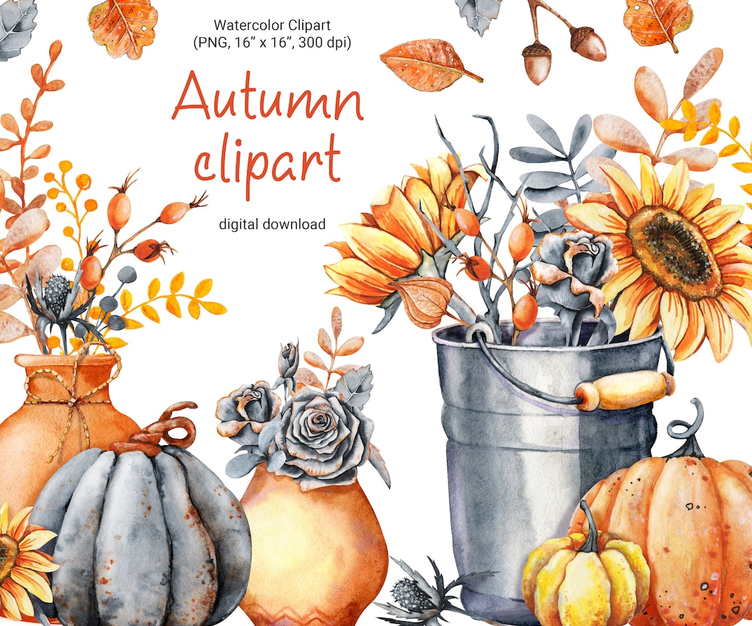 Watercolor Autumn Clipart, Thanksgiving Decor, Pumpkin Arrangements ...