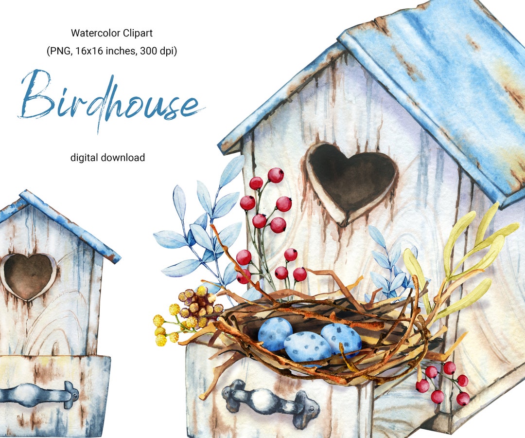 Watercolor Birdhouse Clipart. Birdhouse With Box, Nest and Flowers ...