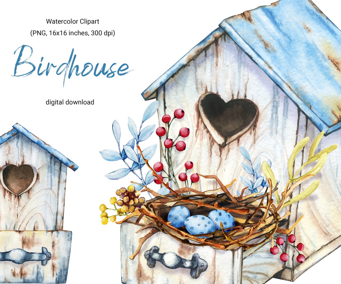 Watercolor Birdhouse Clipart. Birdhouse With Box Nest and - Etsy