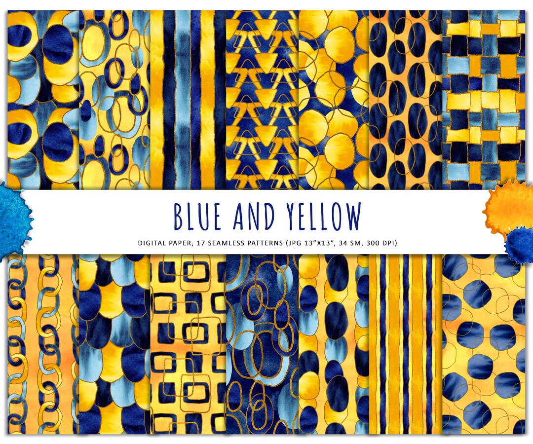 Yellow-blue Digital Paper, Abstract Geometric Seamless Patterns ...