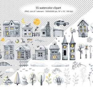 Winter Christmas House Clipart, Scandinavian Xmas, Watercolor Snow City ...