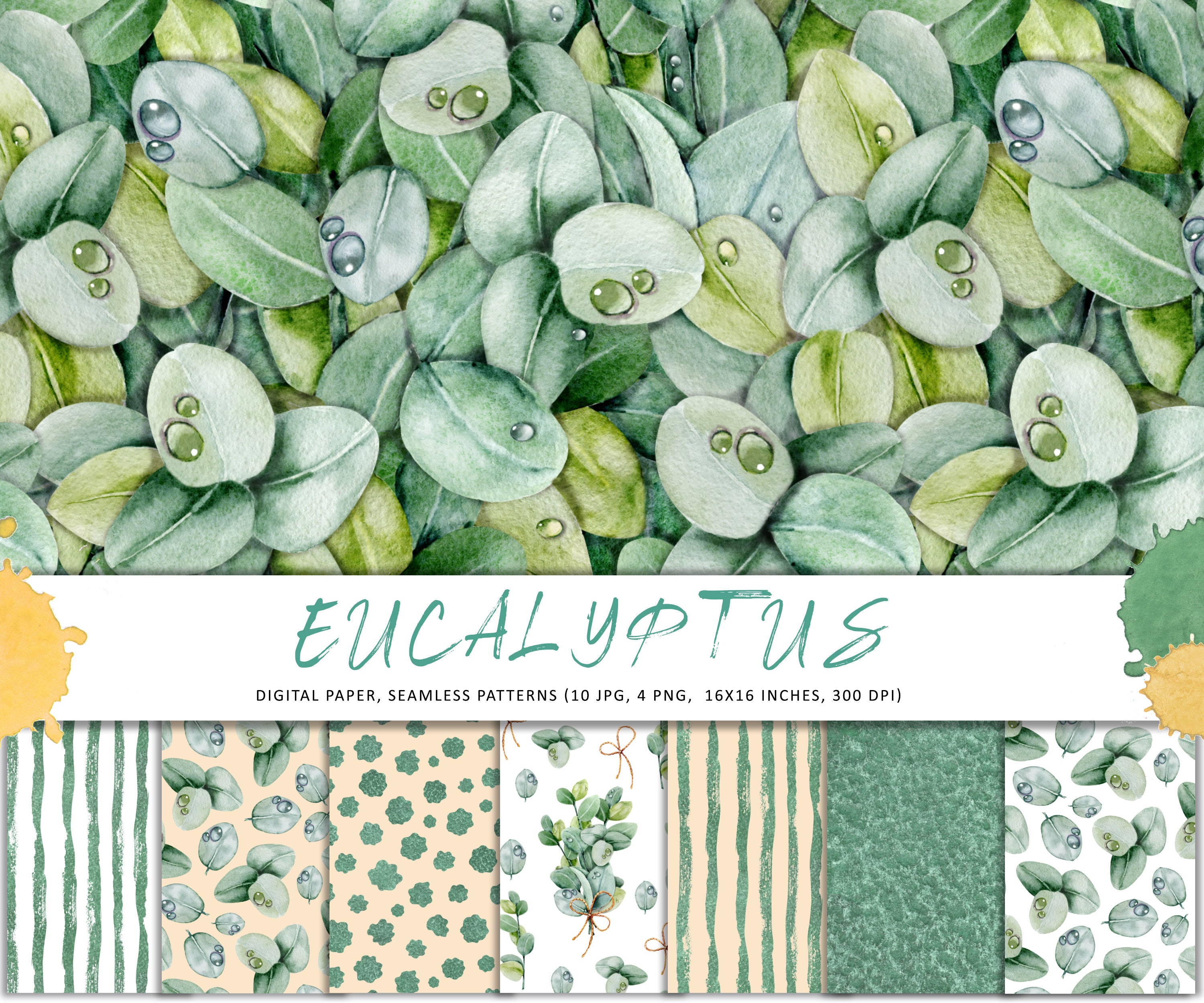 Watercolor Eucalyptus Digital Paper Christmas Greenery | Etsy