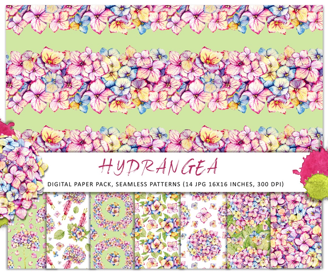 Watercolor Hydrangea Digital Paper, Floral Seamless Patterns, Pink ...