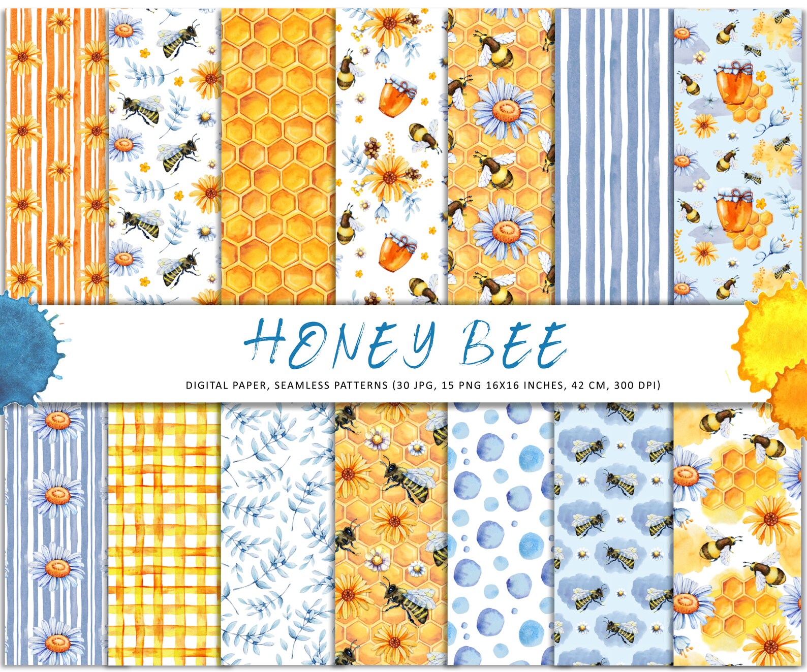 Honey Bee Digital Paper Set Seamless Patterns Meadow Grasses - Etsy