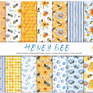 Honey Bee Digital Paper, Set Seamless Patterns Meadow Grasses and ...