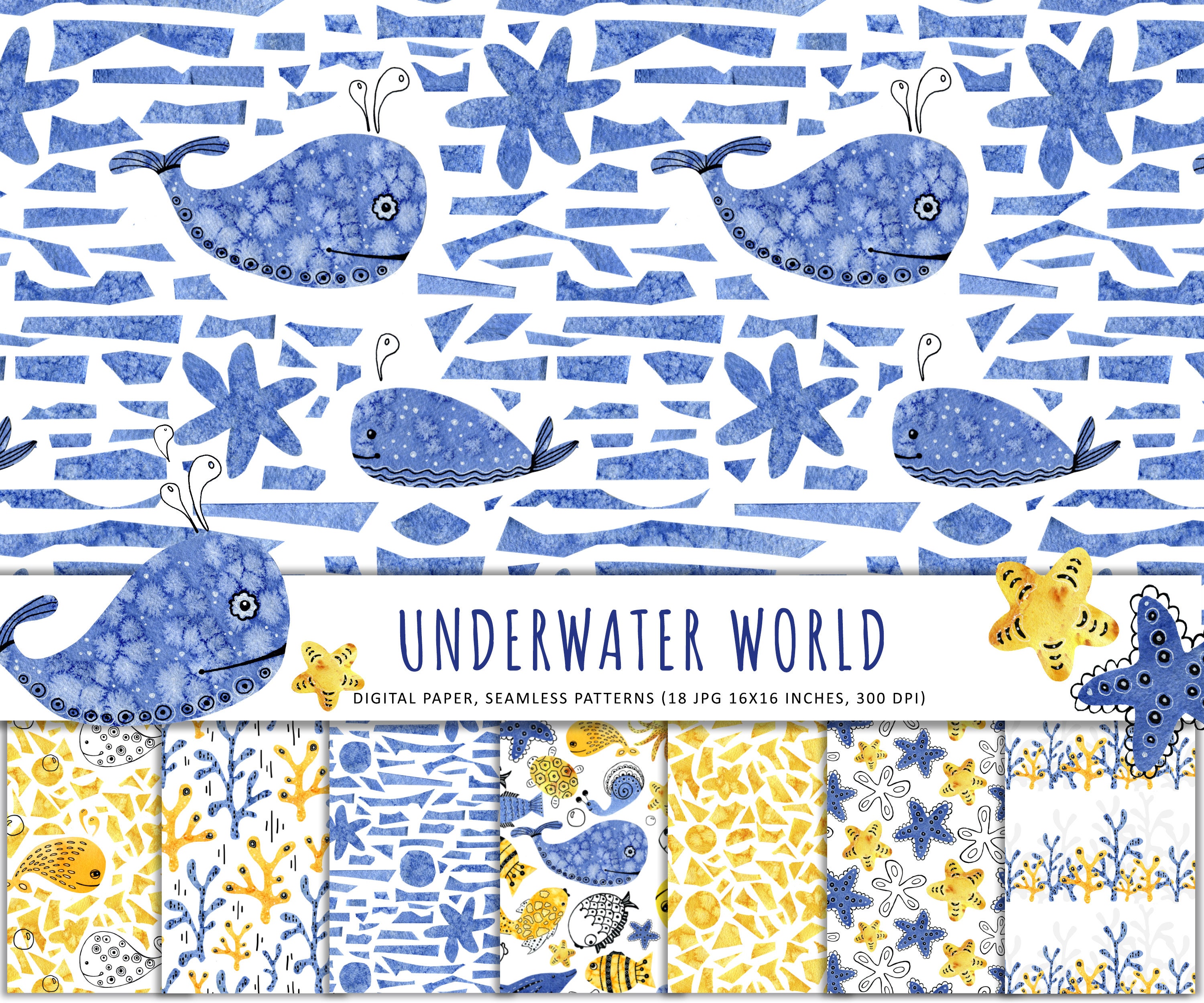 Underwater world watercolor clipart. Digital paper with | Etsy