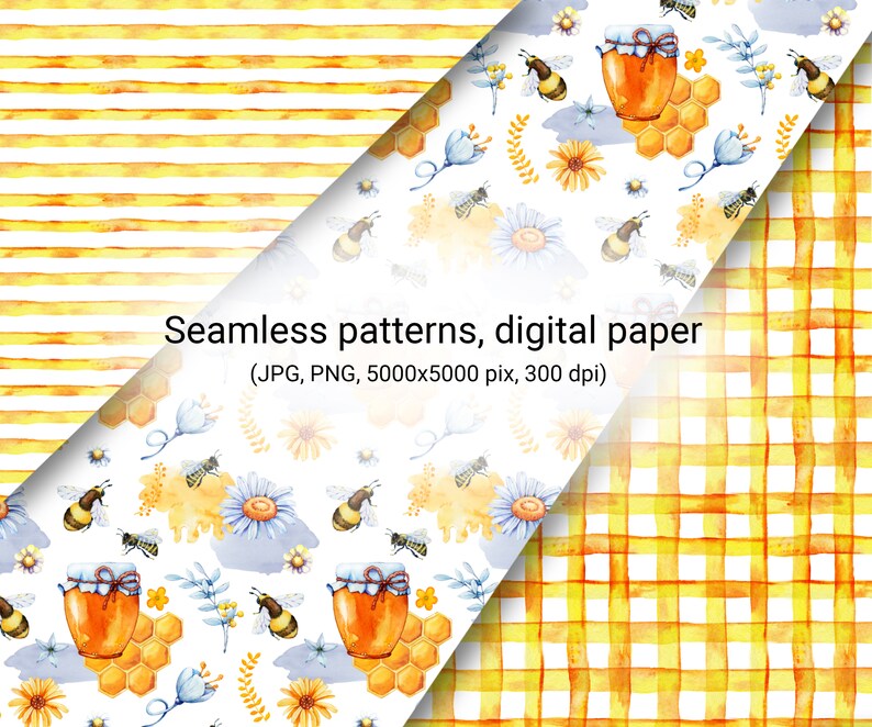 Honey Bee Digital Paper Set Seamless Patterns Meadow Grasses - Etsy