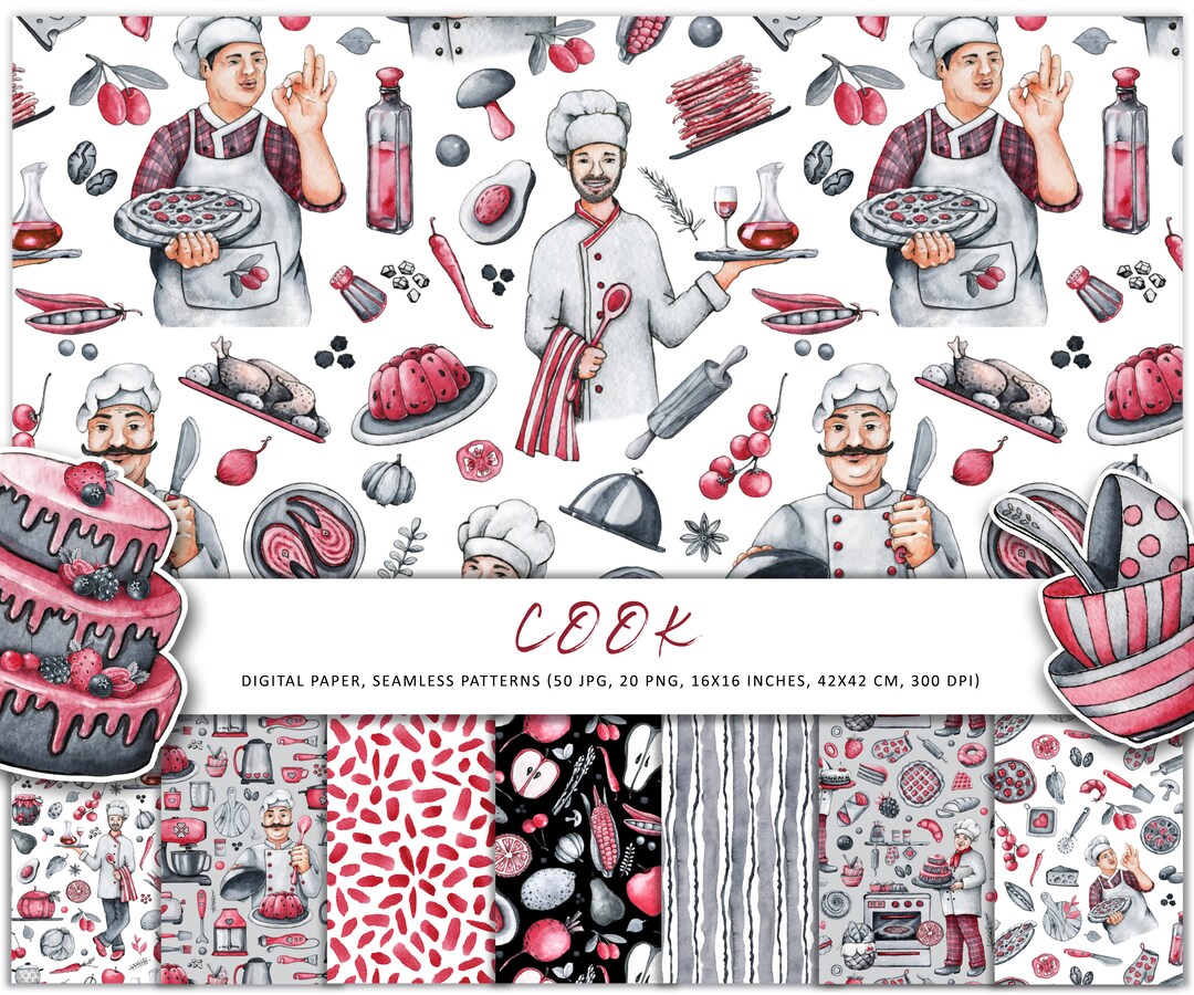 Chef Cook, Baker, Culinary Chef, Seamless Digital Paper Set, Kitchen ...