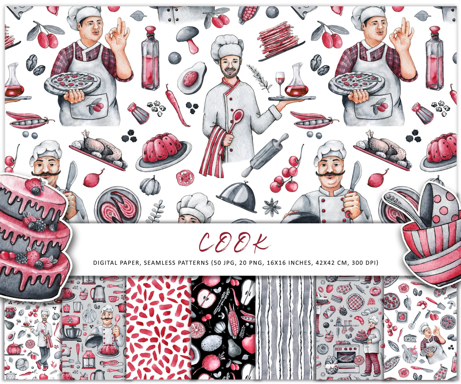 Chef Cook, Baker, Culinary Chef, Seamless Digital Paper Set, Kitchen ...