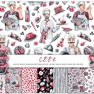 Chef Cook, Baker, Culinary Chef, Seamless Digital Paper Set, Kitchen ...