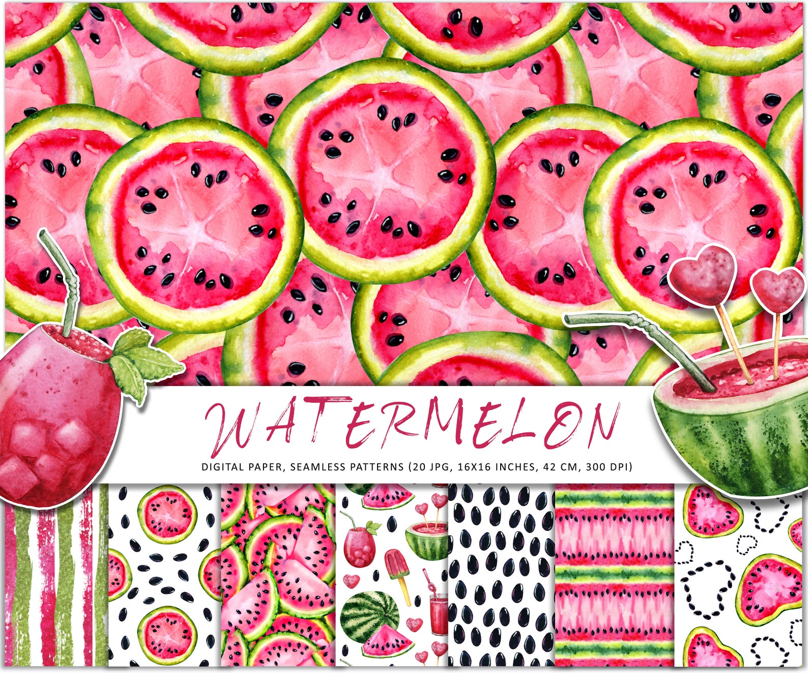 Watercolor Watermelon Digital Paper Tropical Fruit Seamless - Etsy