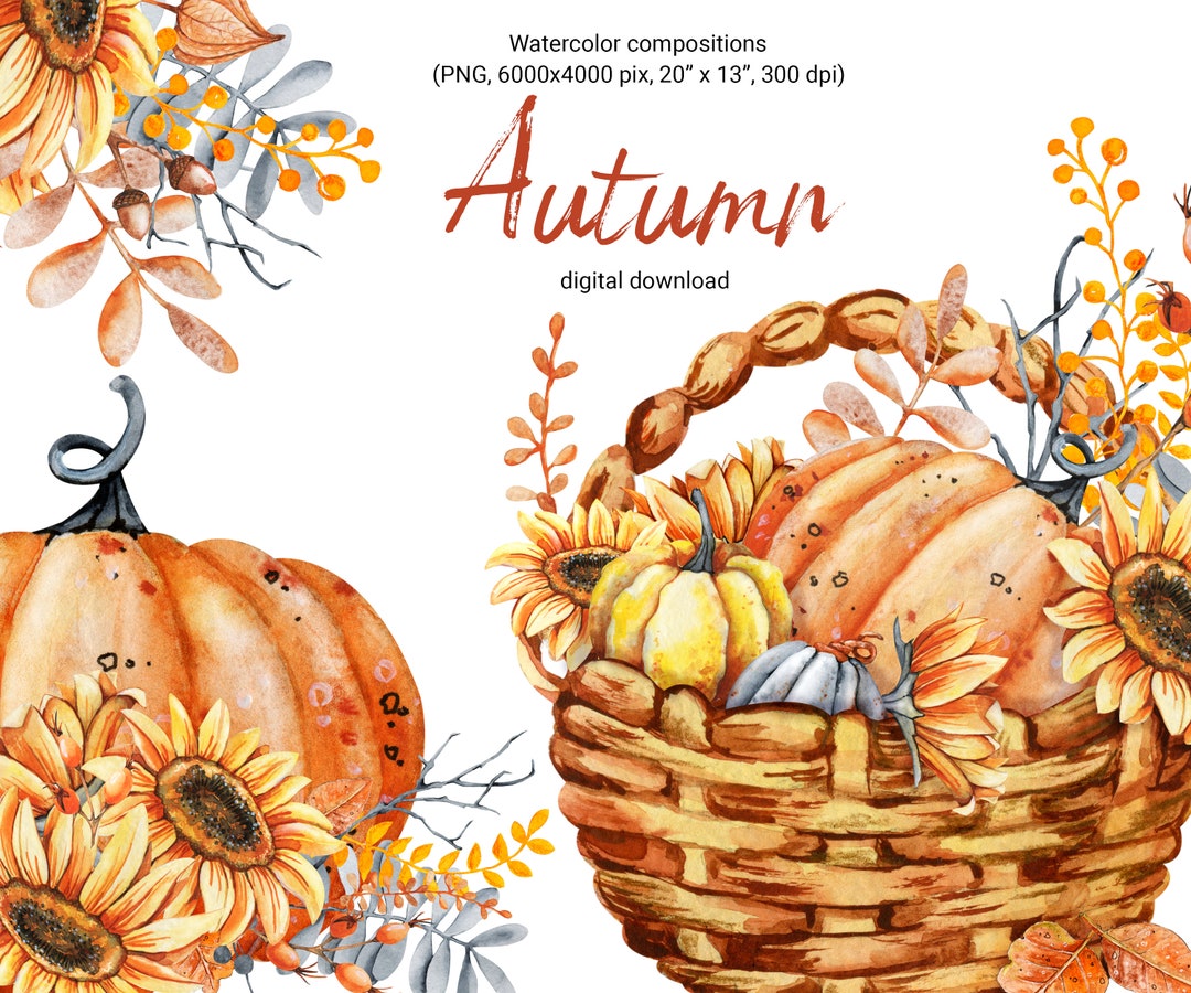 Watercolor Autumn Clipart, Digital Greeting Card Thanksgiving, Basket ...