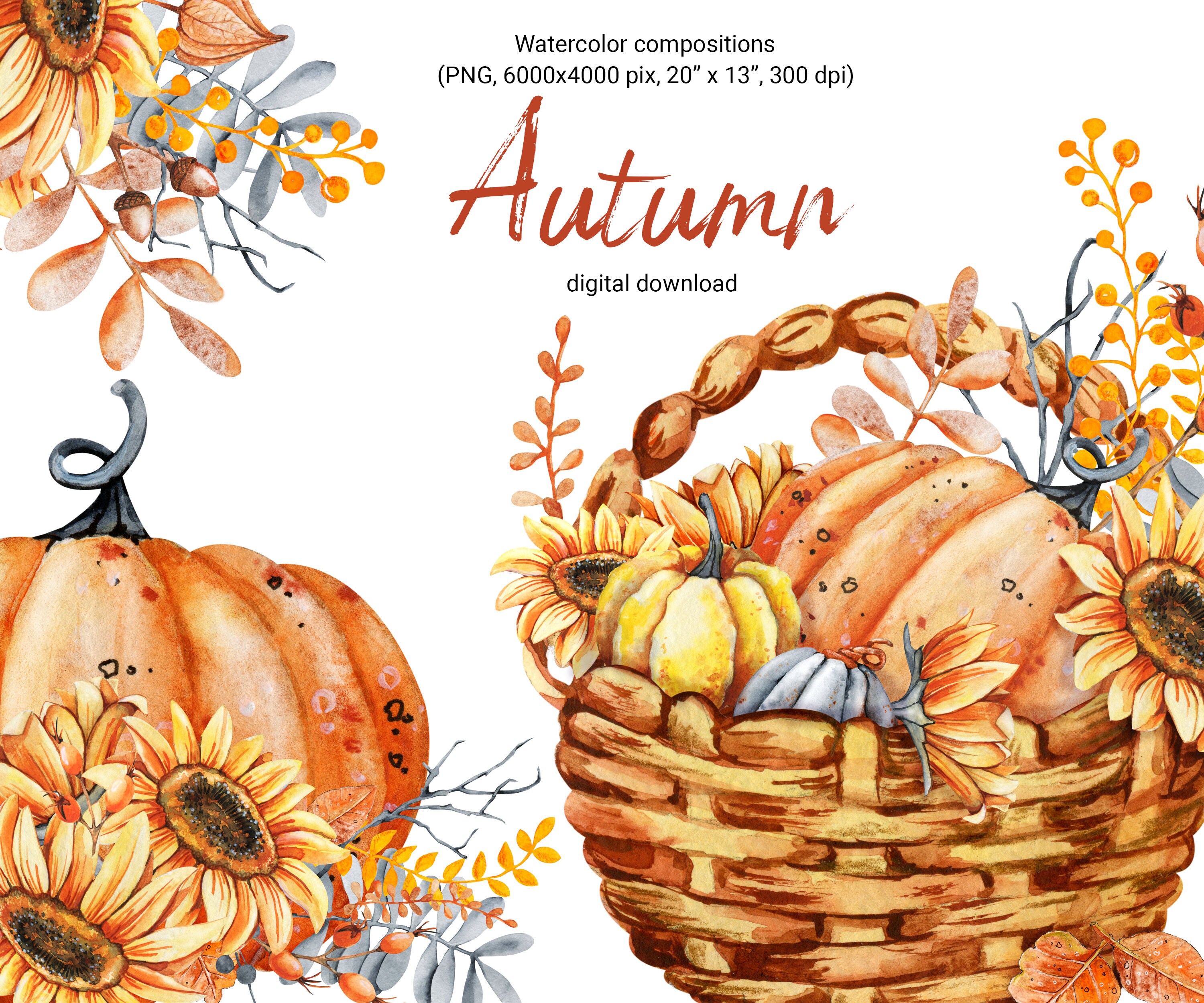 Watercolor Autumn Clipart Digital Greeting Card Thanksgiving - Etsy