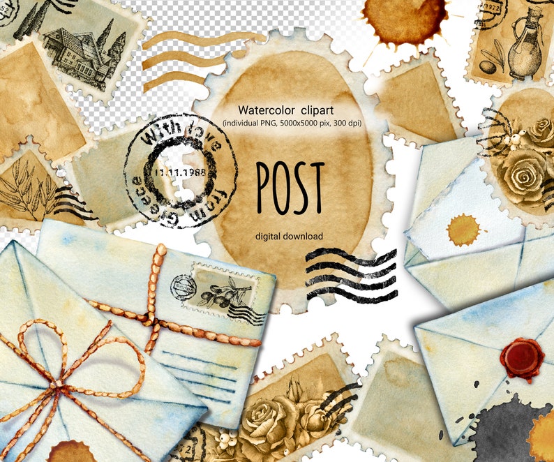 Blank Postage Stamps Clipart Envelopes Textured Watercolor - Etsy