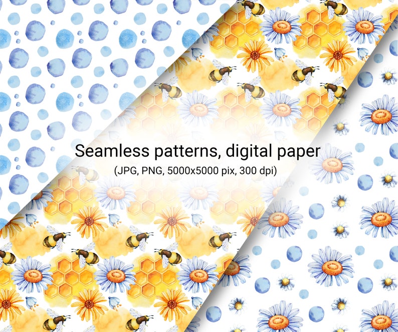 Honey Bee Digital Paper Set Seamless Patterns Meadow Grasses - Etsy