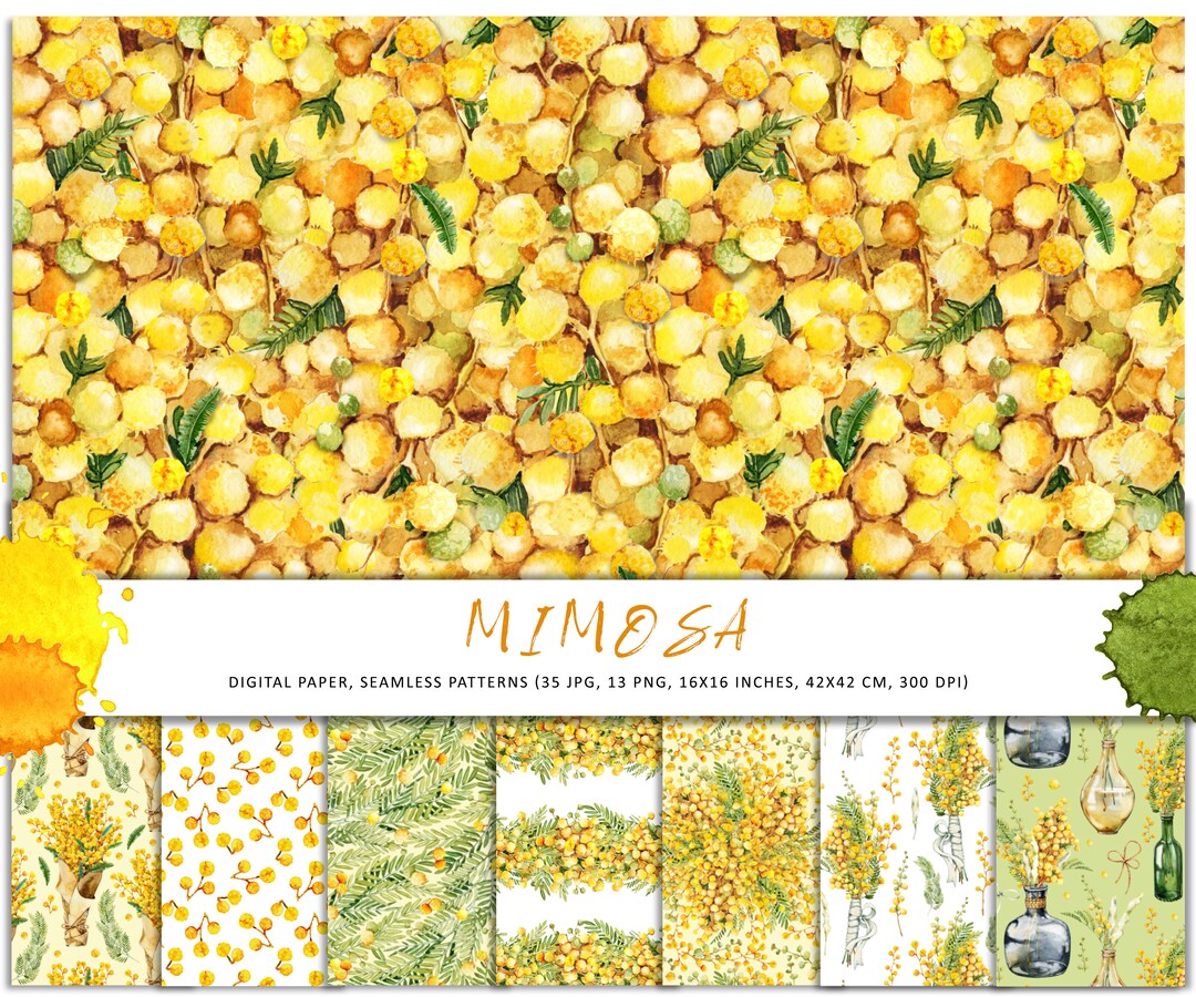 Watercolor Mimosa Flower Digital Paper, Spring Floral Seamless Pattern ...