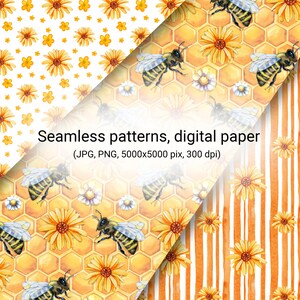 Honey Bee Digital Paper, Set Seamless Patterns Meadow Grasses and ...