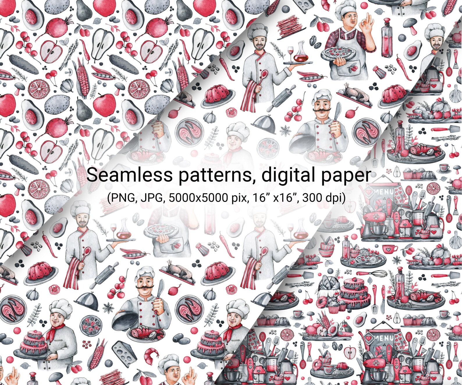 Chef Cook, Baker, Culinary Chef, Seamless Digital Paper Set, Kitchen ...