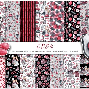 Chef Cook, Baker, Culinary Chef, Seamless Digital Paper Set, Kitchen ...