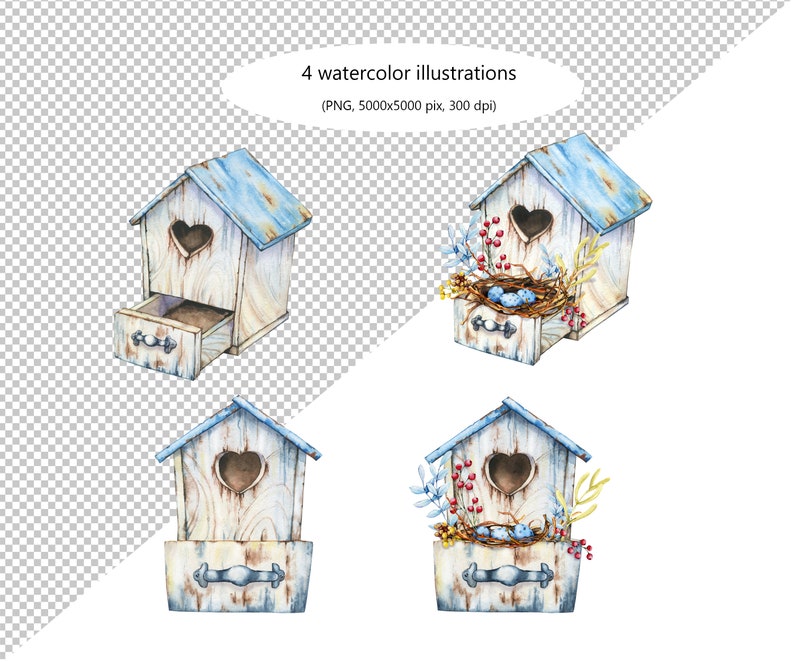 Watercolor Birdhouse Clipart. Birdhouse With Box, Nest and Flowers ...