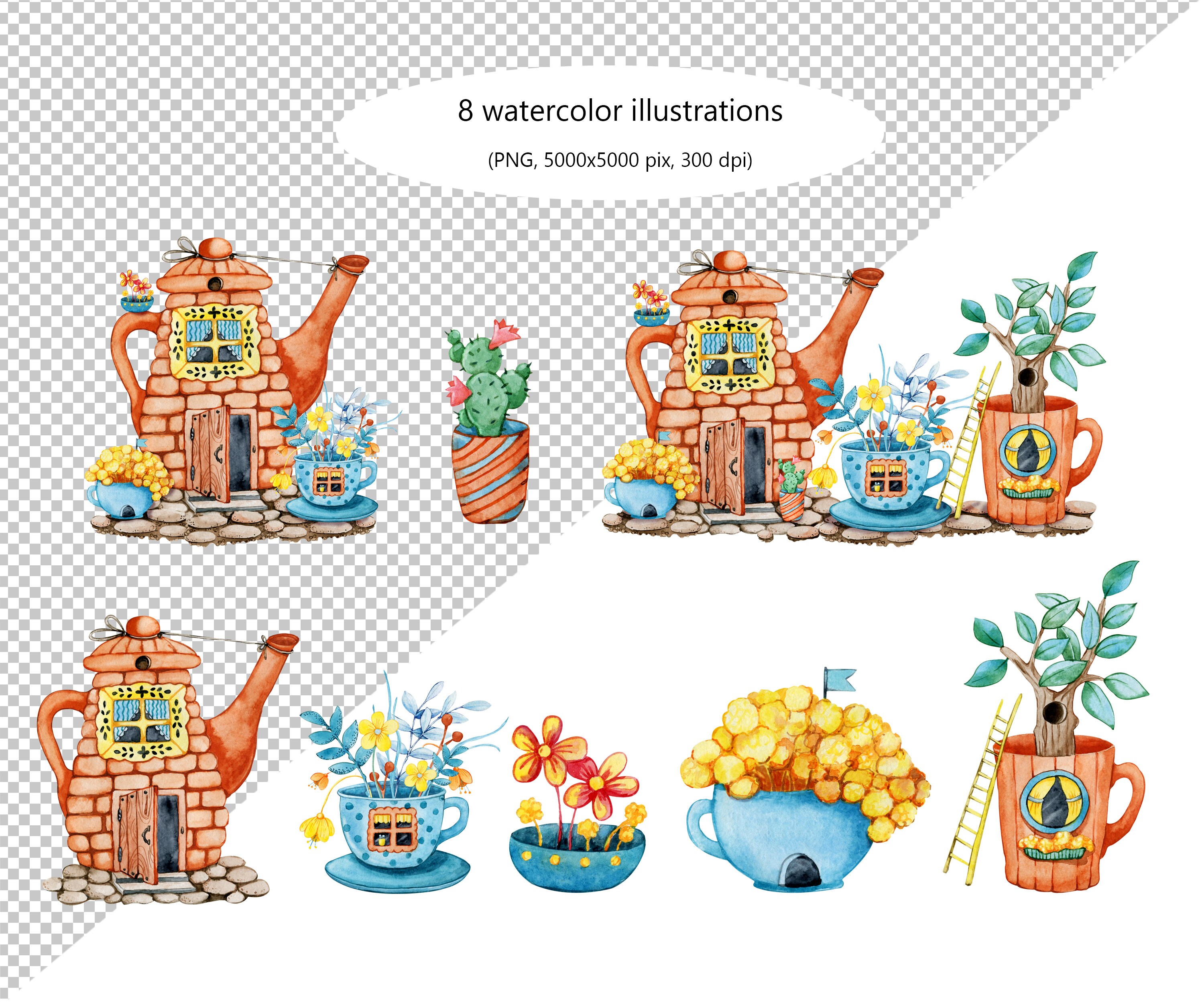 Watercolor Tea House Clipart. Cartoon House With Flowers Clip Art ...