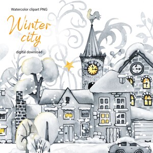 Winter Christmas House Clipart, Scandinavian Xmas, Watercolor Snow City ...