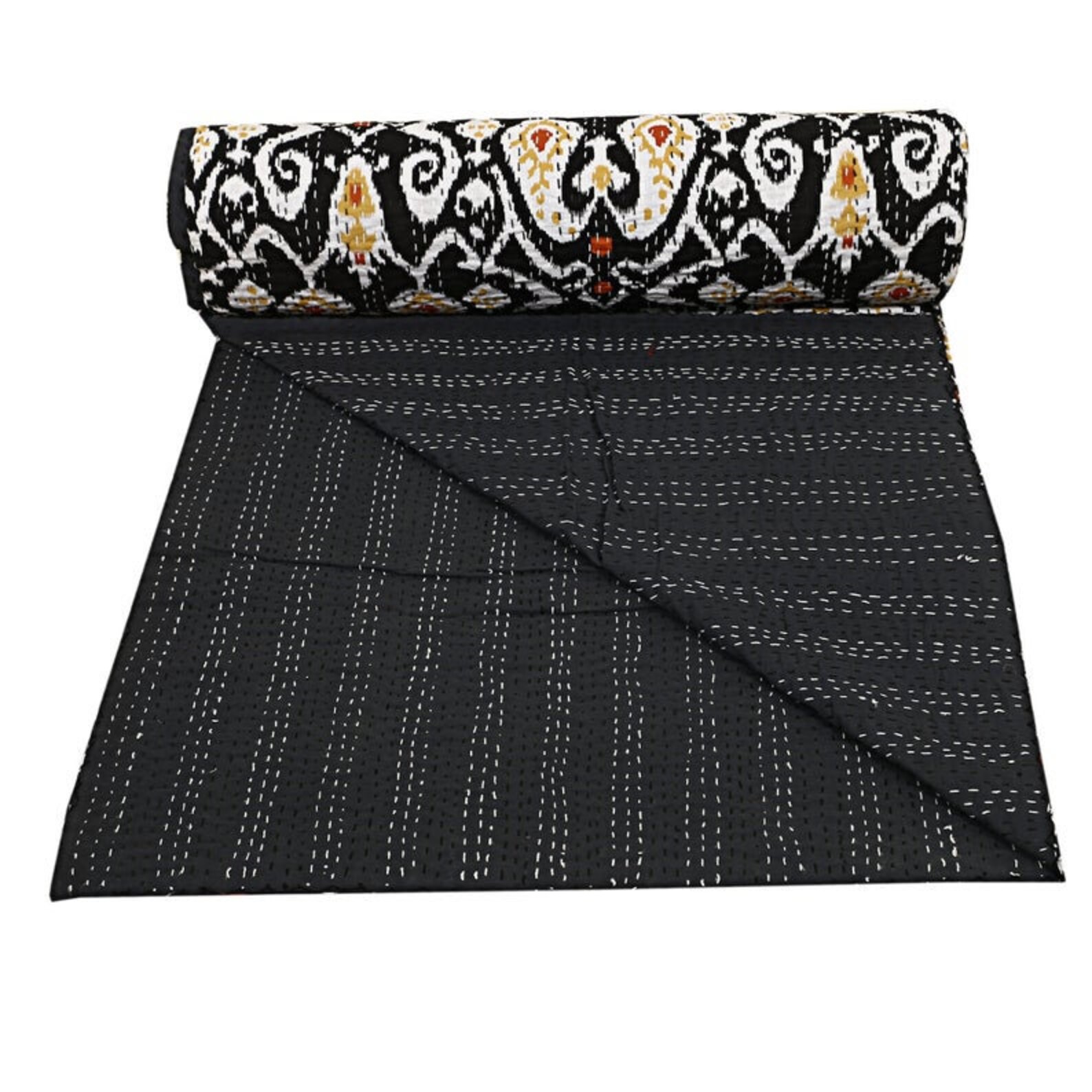 Black Ikat Quilt With 2 Pillow Handmade Cotton Kantha - Etsy