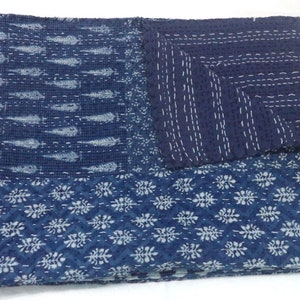 Assorted Patchwork Indigo Blue With 2 Pillows Queen Cotton Kantha Quilt ...