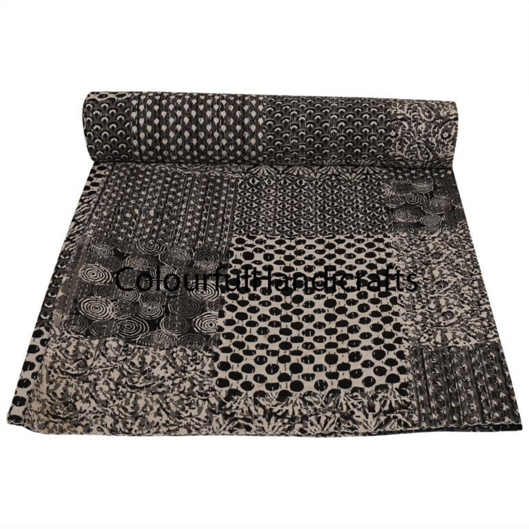 Patchwork Black Cotton Quilt With 2 Pillows Assorted Black Cotton ...