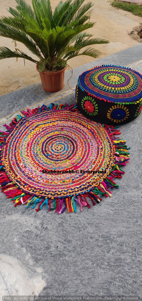 Indian Jute Round Floor Mat Decor Bedding Foot Board Hippie | Etsy