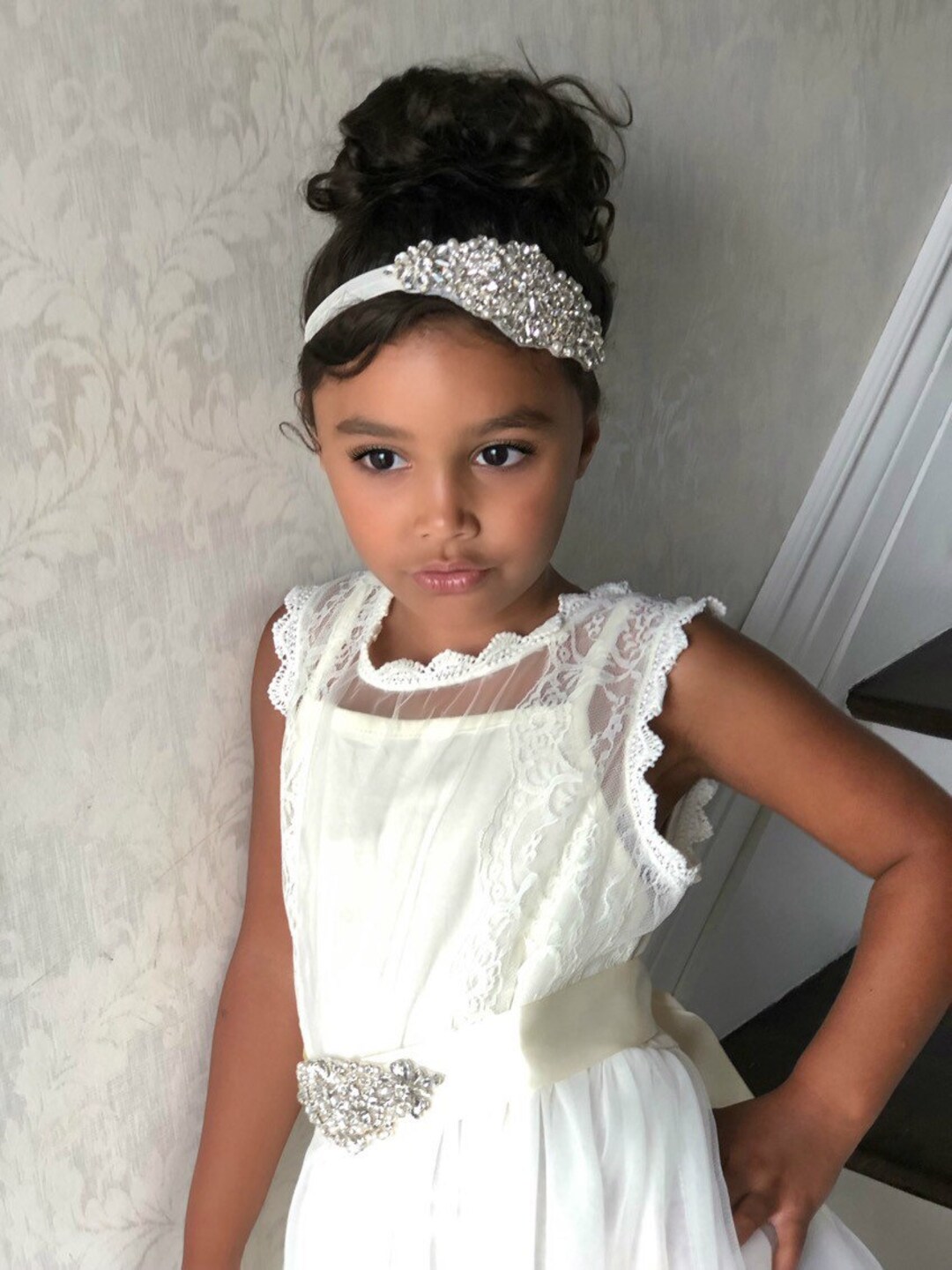 Ivory Lace Flower Girl Dress Girl Rhinestones Sash Dress Etsy
