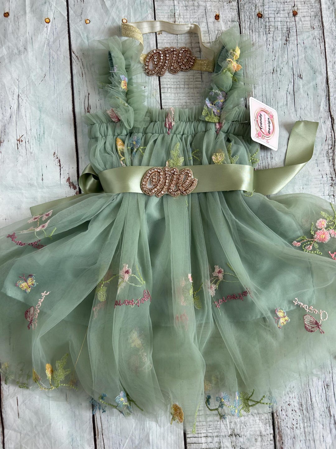 Sage Green 1st Birthday Dress: Floral Embroidered Tulle Tutu (12-18 ...
