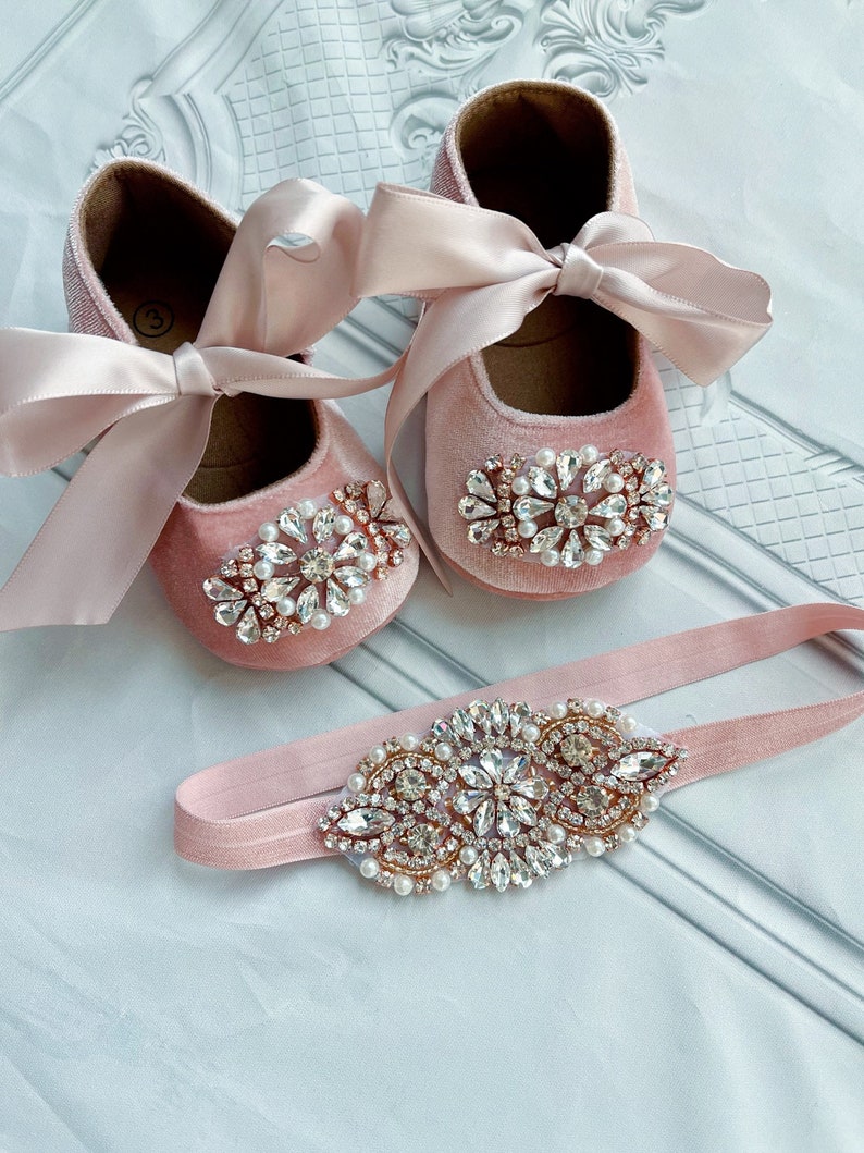 Dusty Pink Baby Shoes & Headband Set: Rose Gold Rhinestone Crib Shoes ...