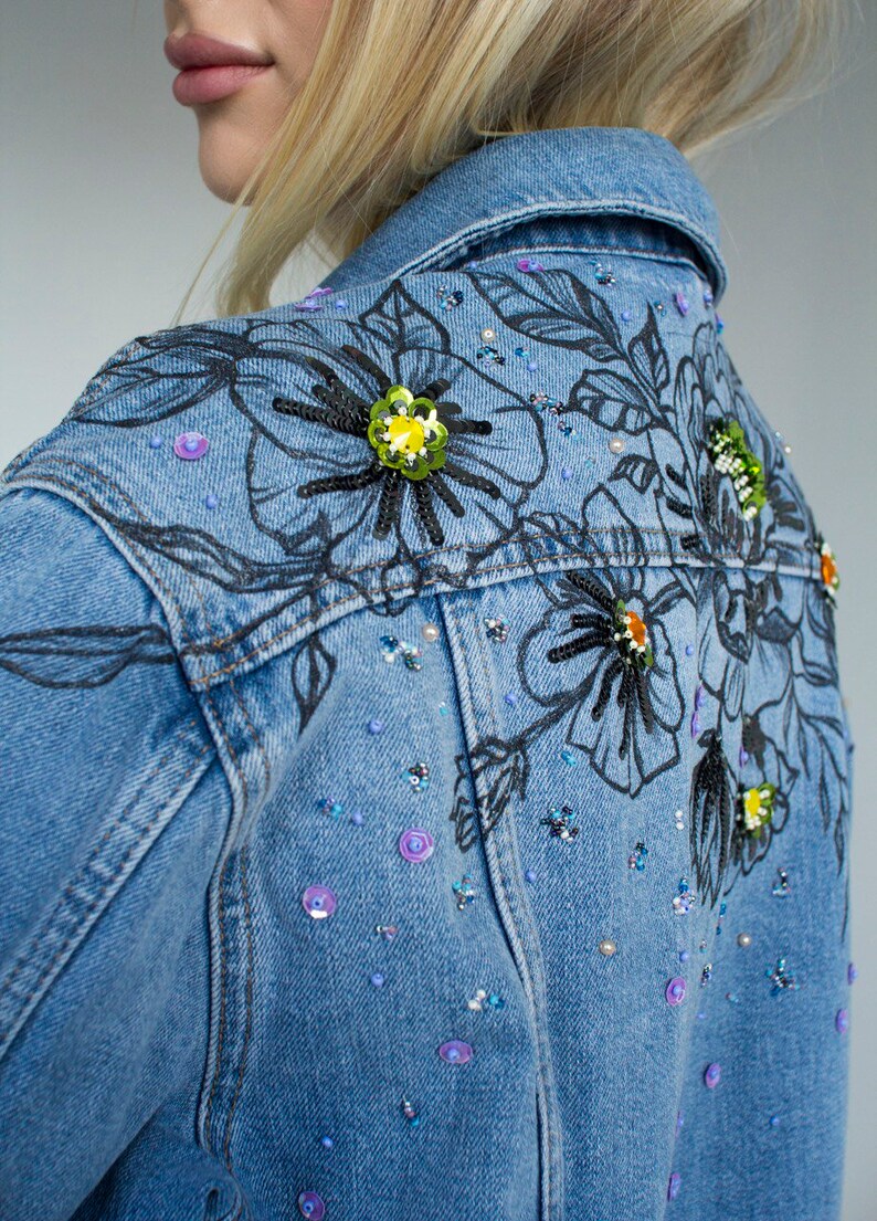 Unique Oversized Women Floral Pattern Blue Denim Jacket, Hand Beaded ...