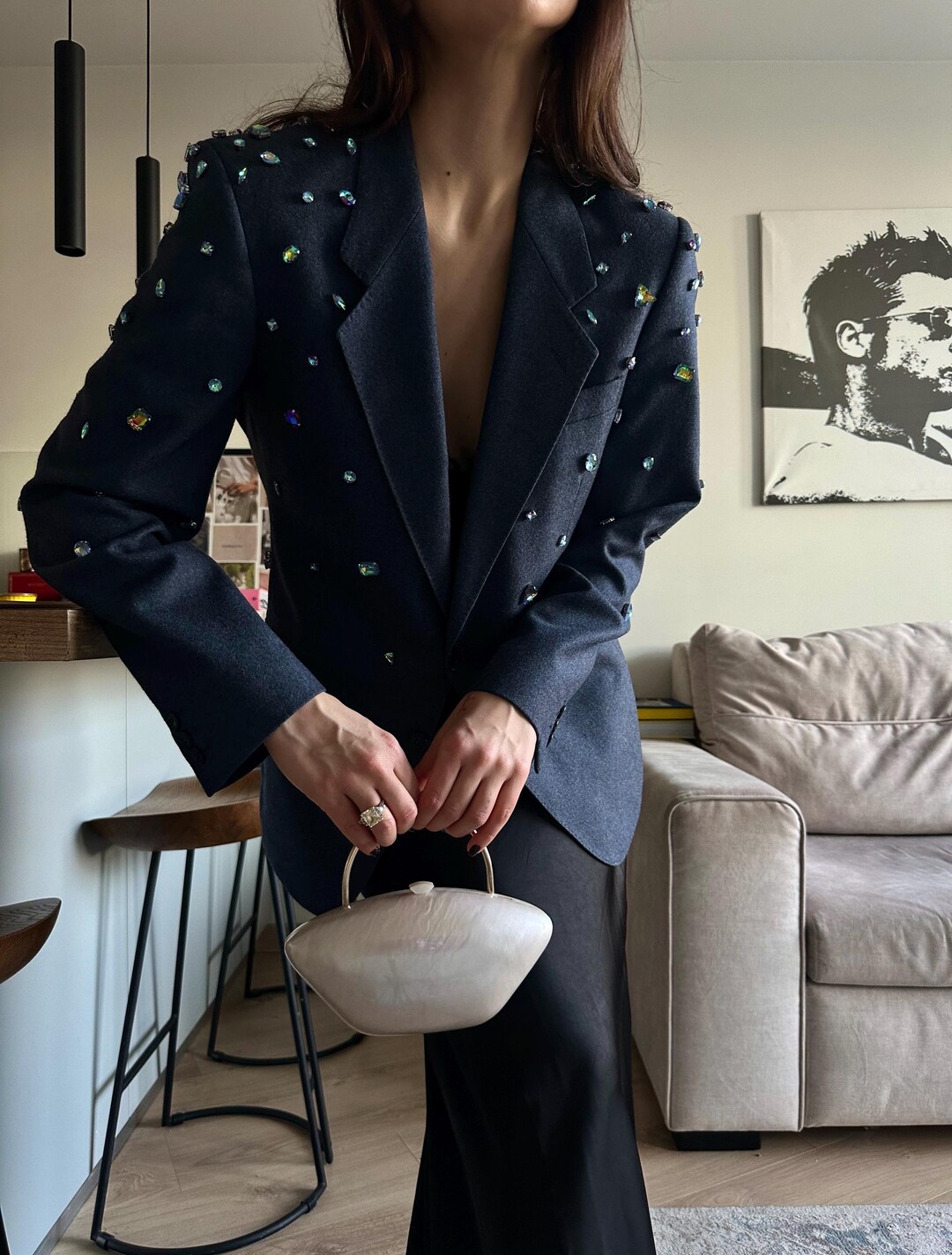 Unique Unisex Navy Structured Going Out Blazer With Hand Beaded Sparkle ...