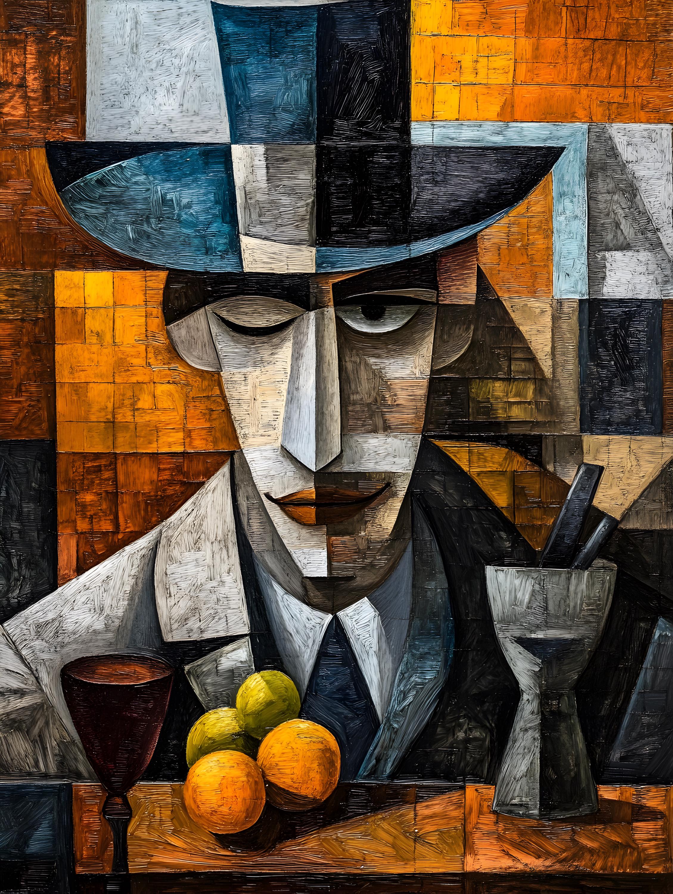 CUBIST DIGITAL ART, Female Musician, Man in a Bar, Mountain Village ...