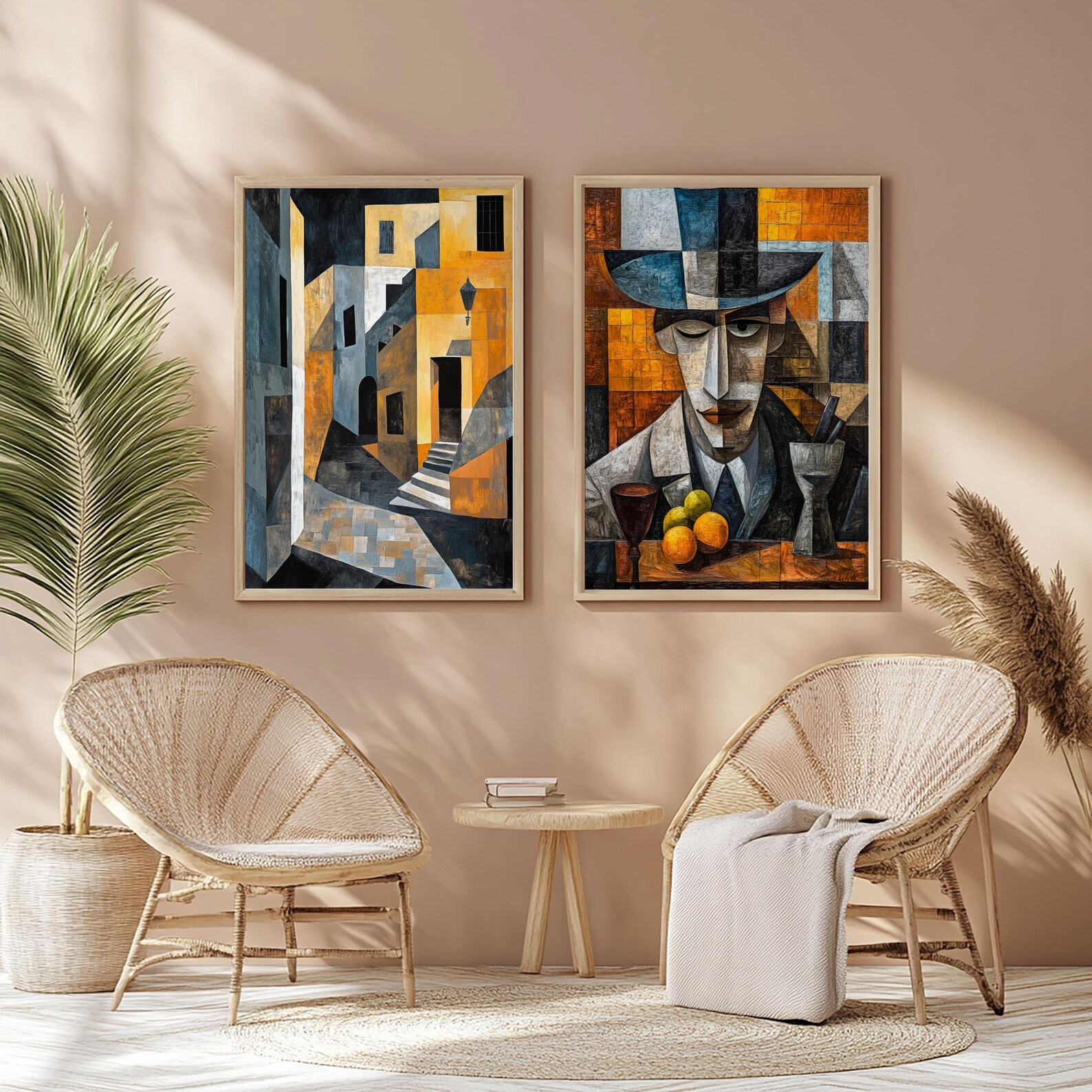 CUBIST DIGITAL ART, Female Musician, Man in a Bar, Mountain Village ...