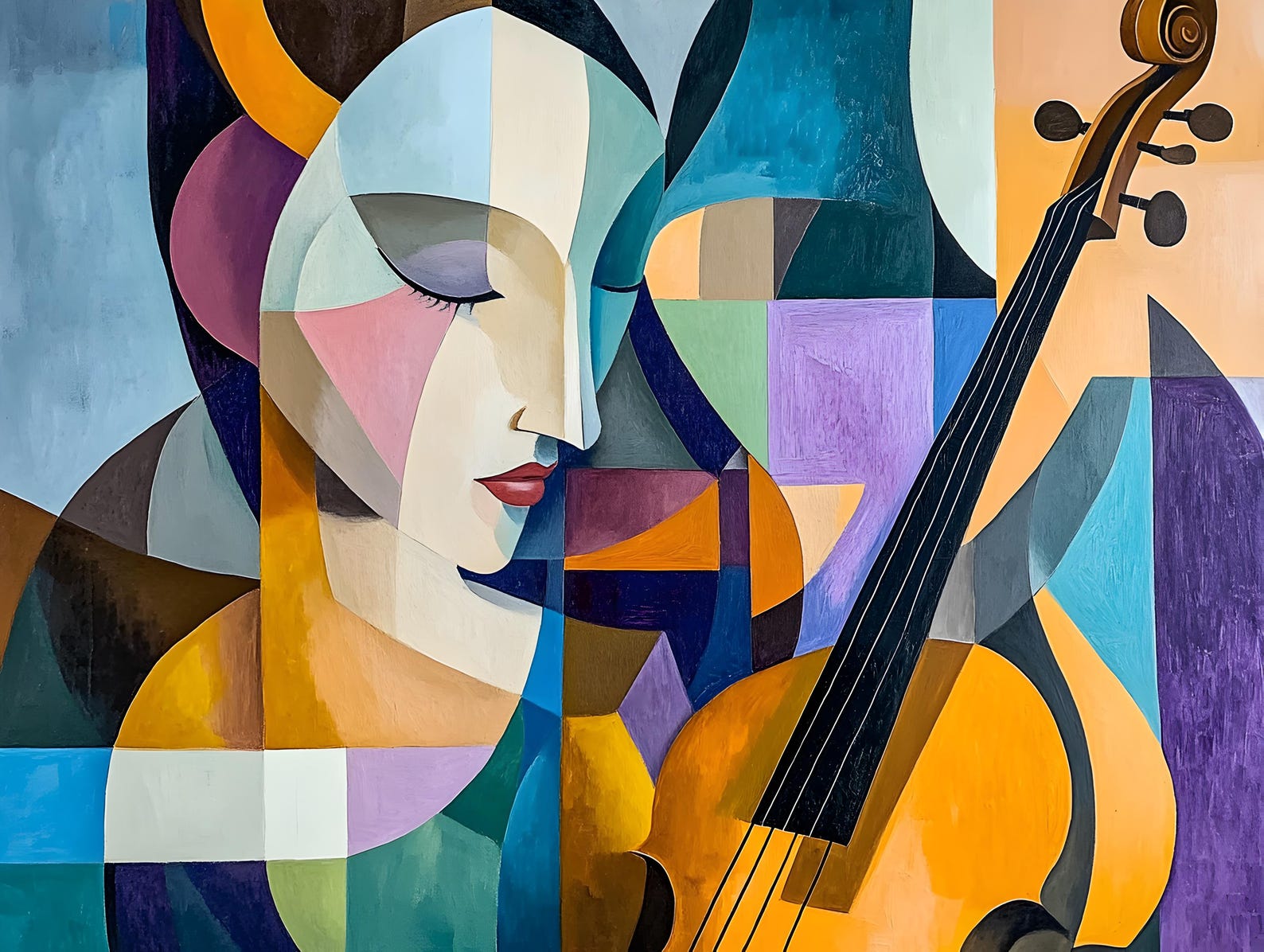CUBIST DIGITAL ART, Female Musician, Man in a Bar, Mountain Village ...