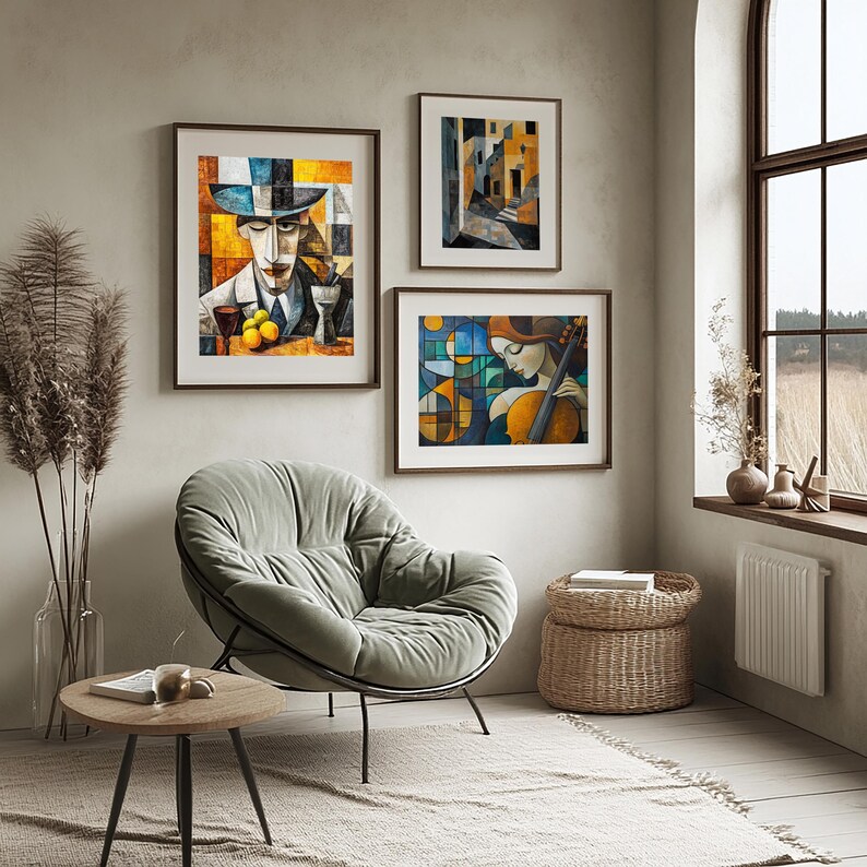 CUBIST DIGITAL ART, Female Musician, Man in a Bar, Mountain Village ...