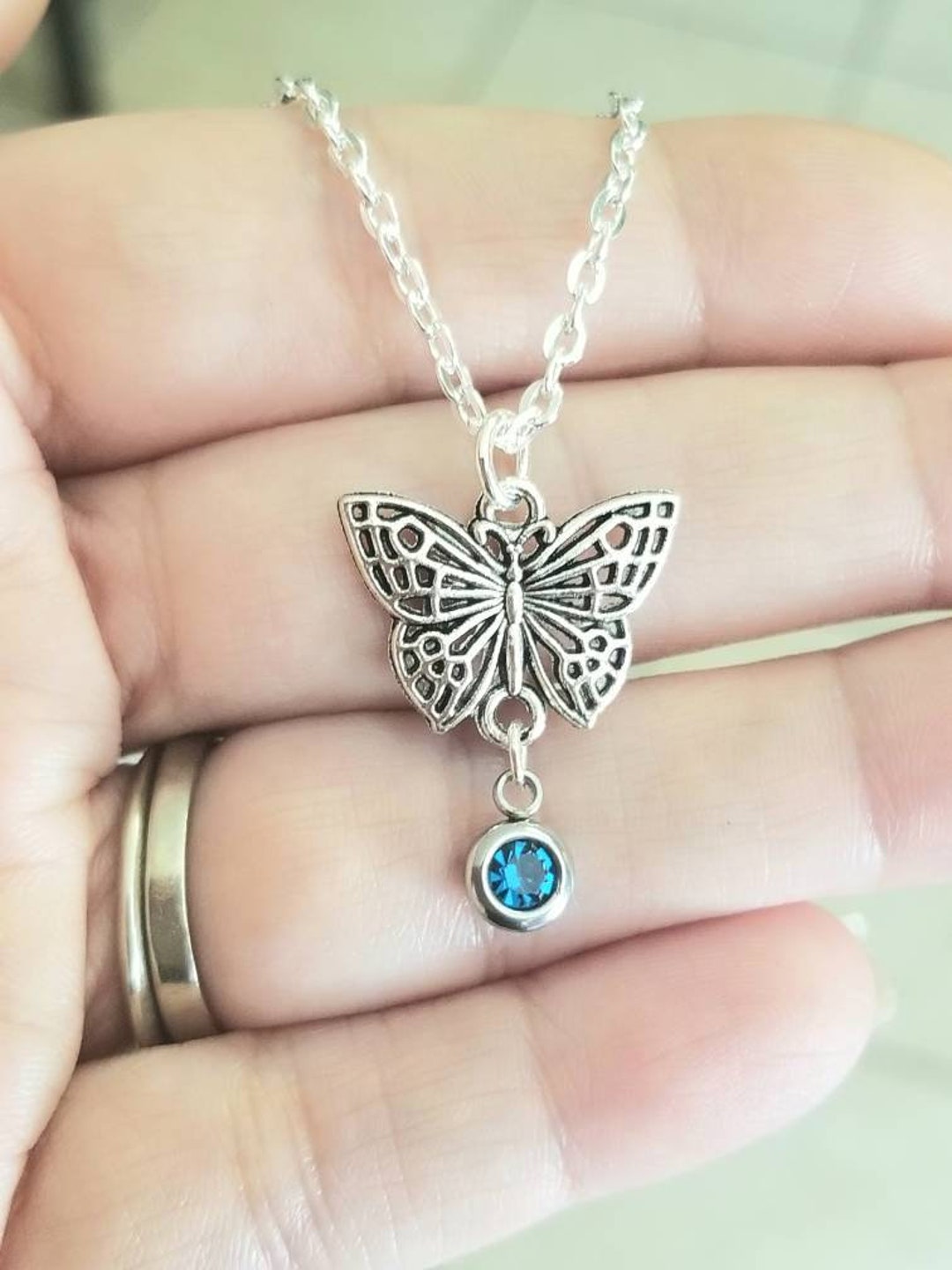 Personalized Birthstone Necklace, Silver Birthstone Necklace, Butterfly ...