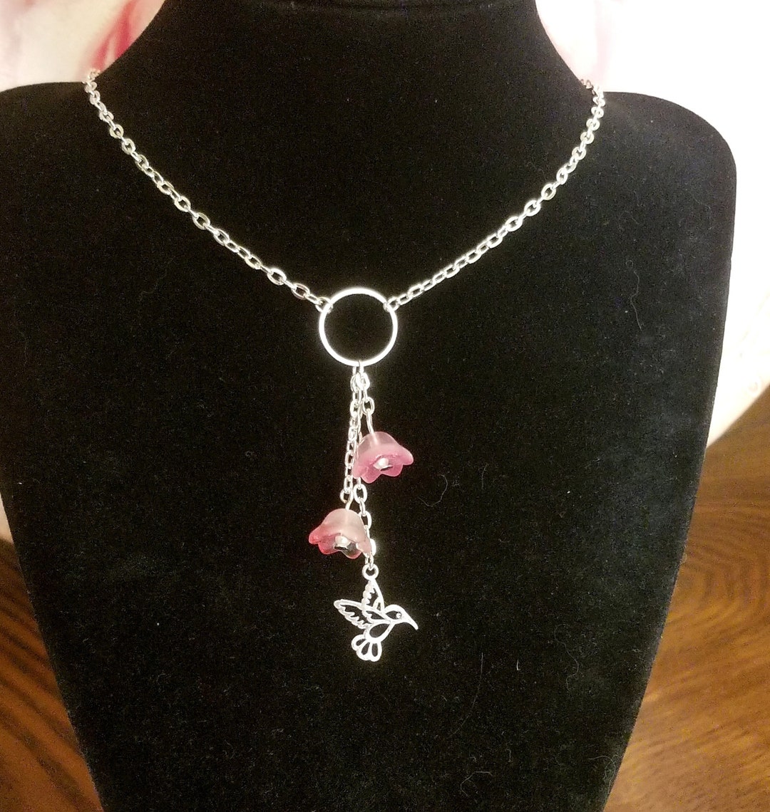 Glass Flower and Hummingbird Necklace, Silver Hummingbird Necklace ...