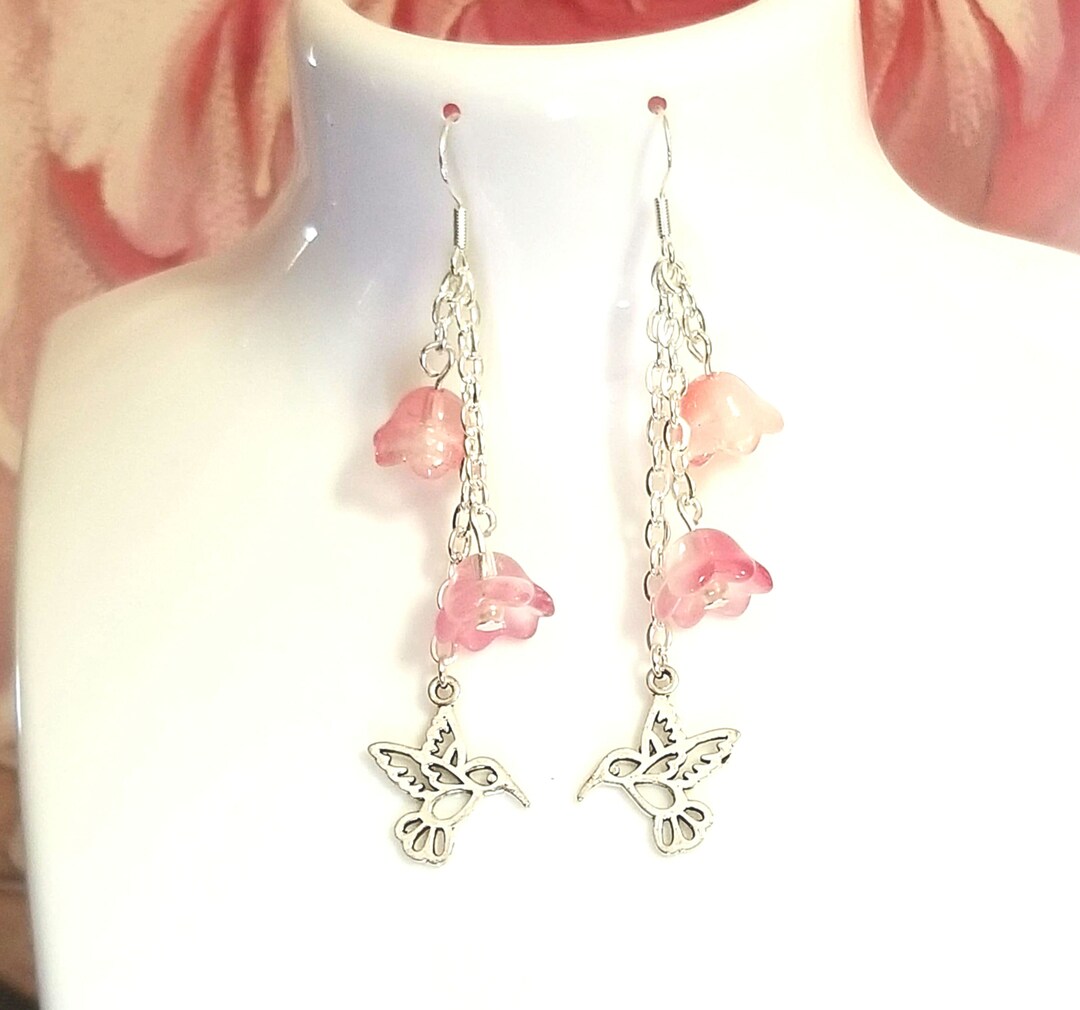 Hummingbird Earrings, Hummingbird Flower Earrings, Silver Hummingbird ...