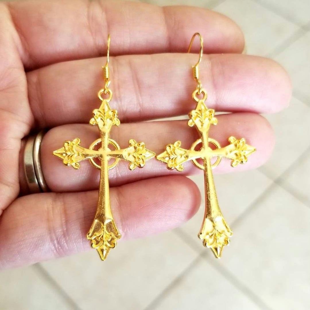 Large Cross Earrings, 14k Gold Cross Earrings, Cross Dangle Earrings ...